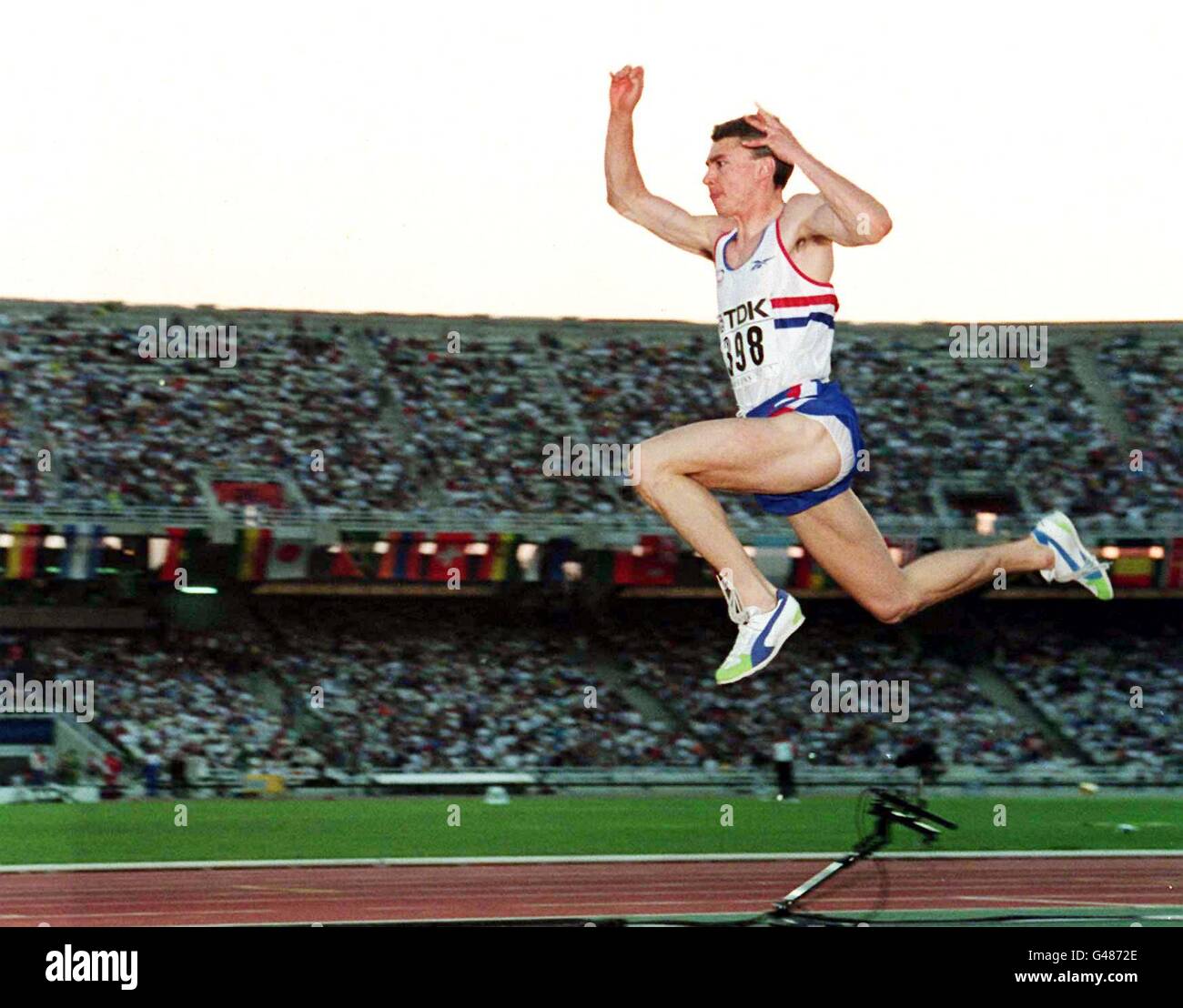 Silver Medal take off for Jonathan Edwards in the Triple Jump at the ...