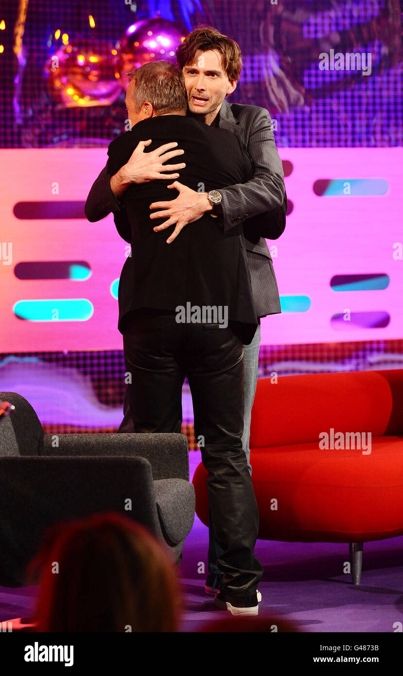 Host Graham Norton and David Tennant (right), during filming of the ...
