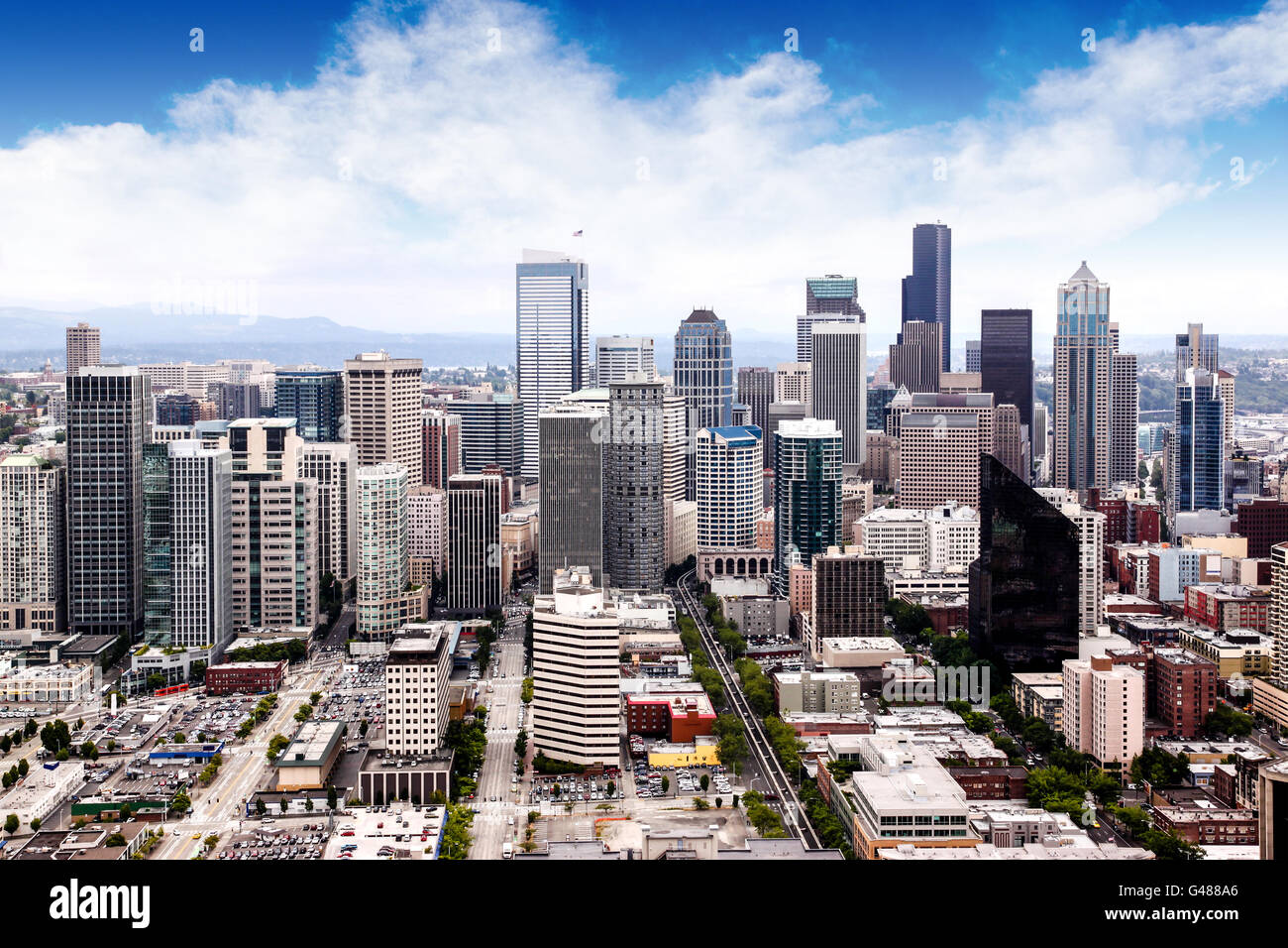 View of Seattle cityscape as viewed from atop the Space Needle Stock ...