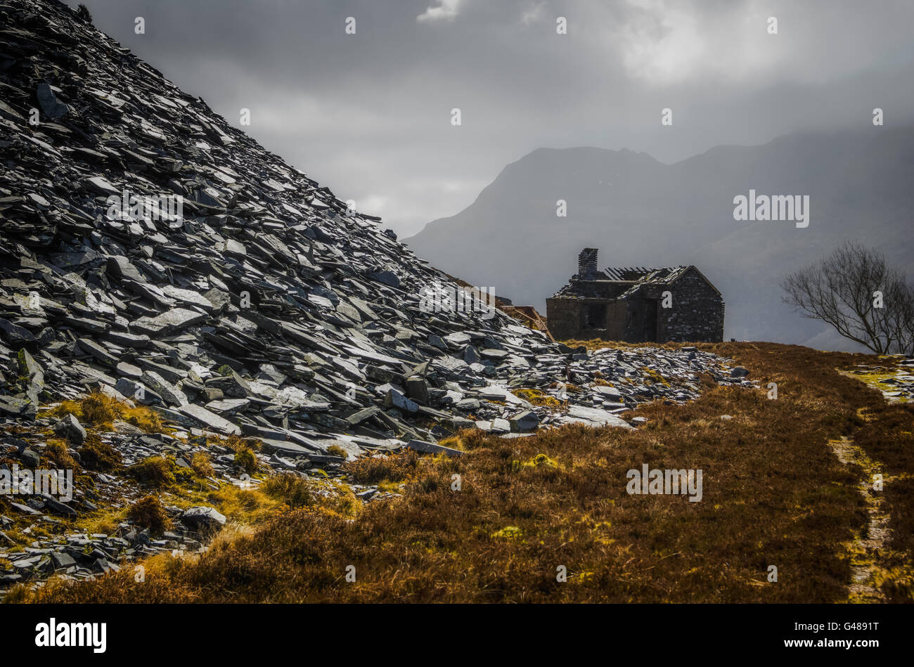 Slate buildings and spoil heap, Dinorwic Slate quarries, near Llanberis ...