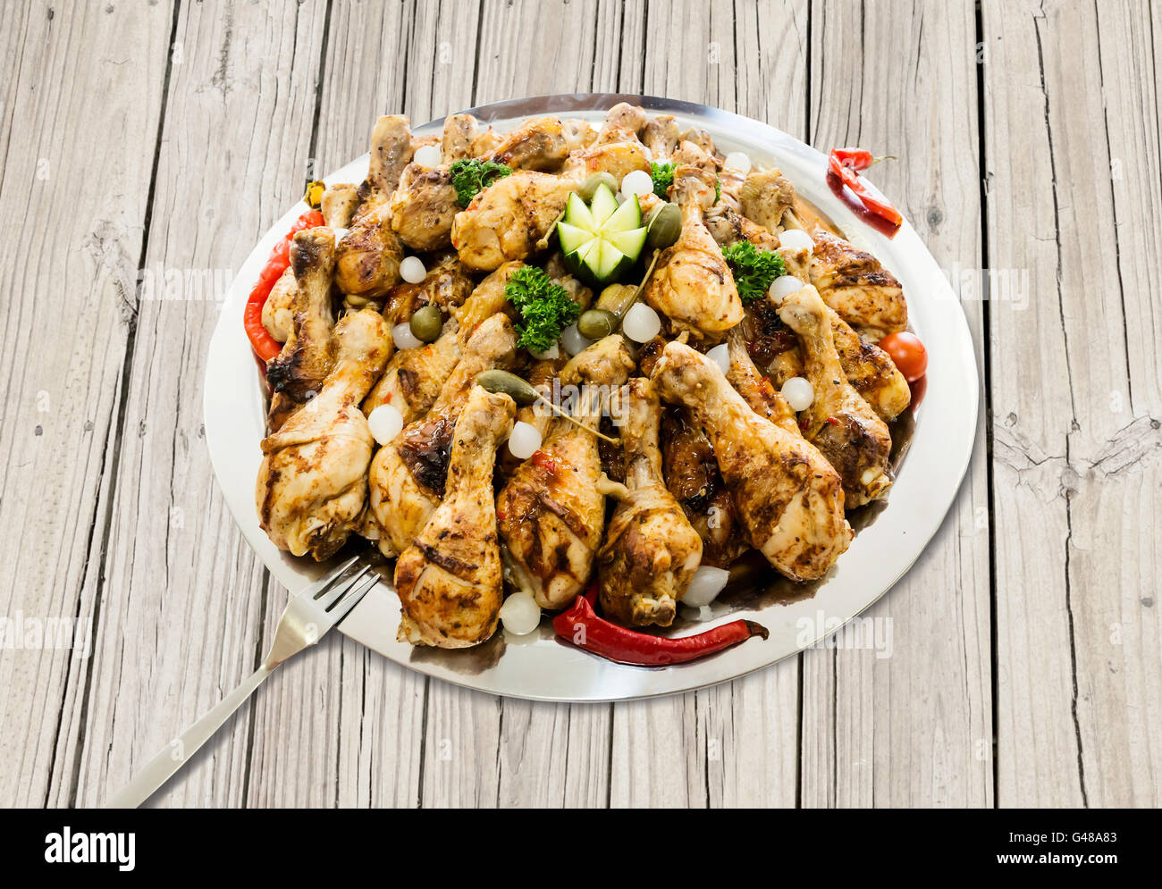 Roasted chicken drumsticks on platter Stock Photo - Alamy