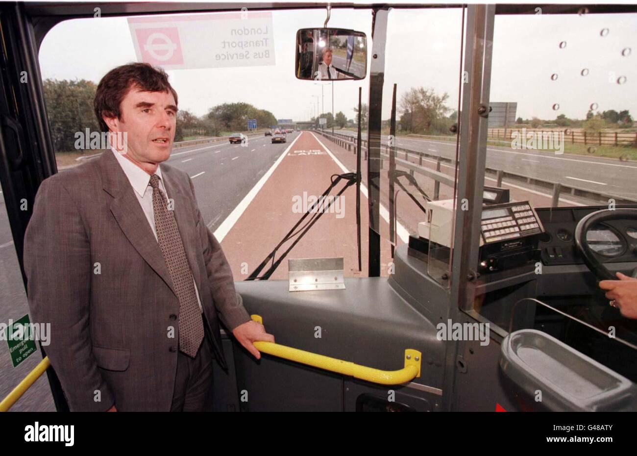 Transport Minister Gavin Strang takes a ride on a bus down the M4 ...
