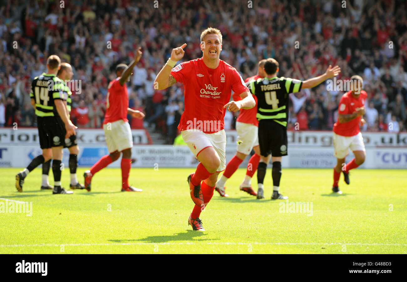 Nottingham Forest's Luke Chambers (centre) celebrates scoring his side ...