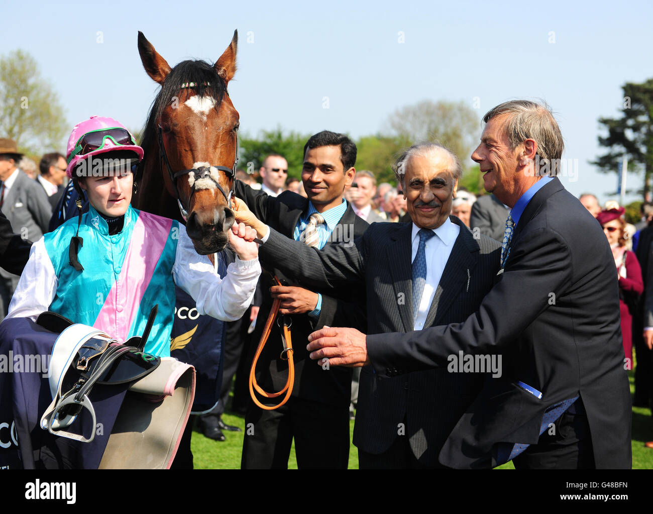 Jockey Tom Queally with horse Frankel, and owner Khalid Abdulla and ...