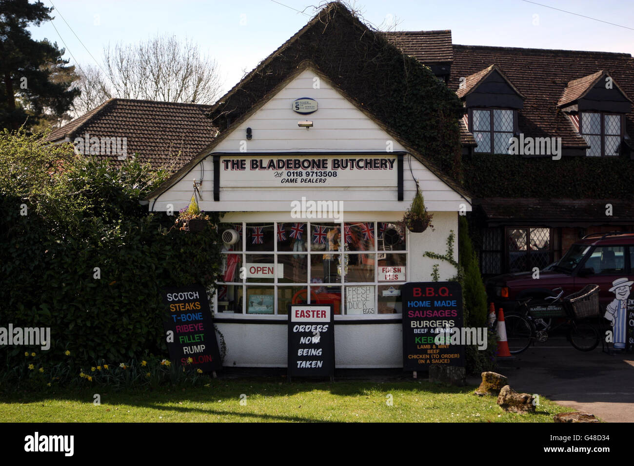 Union flags hang in the window of the Bladebone Butchery in Chapel Row ...
