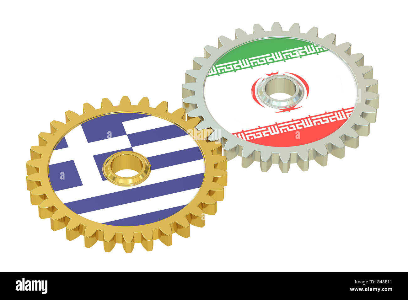 Iran and Greece flags on a gears, 3D rendering isolated on white ...