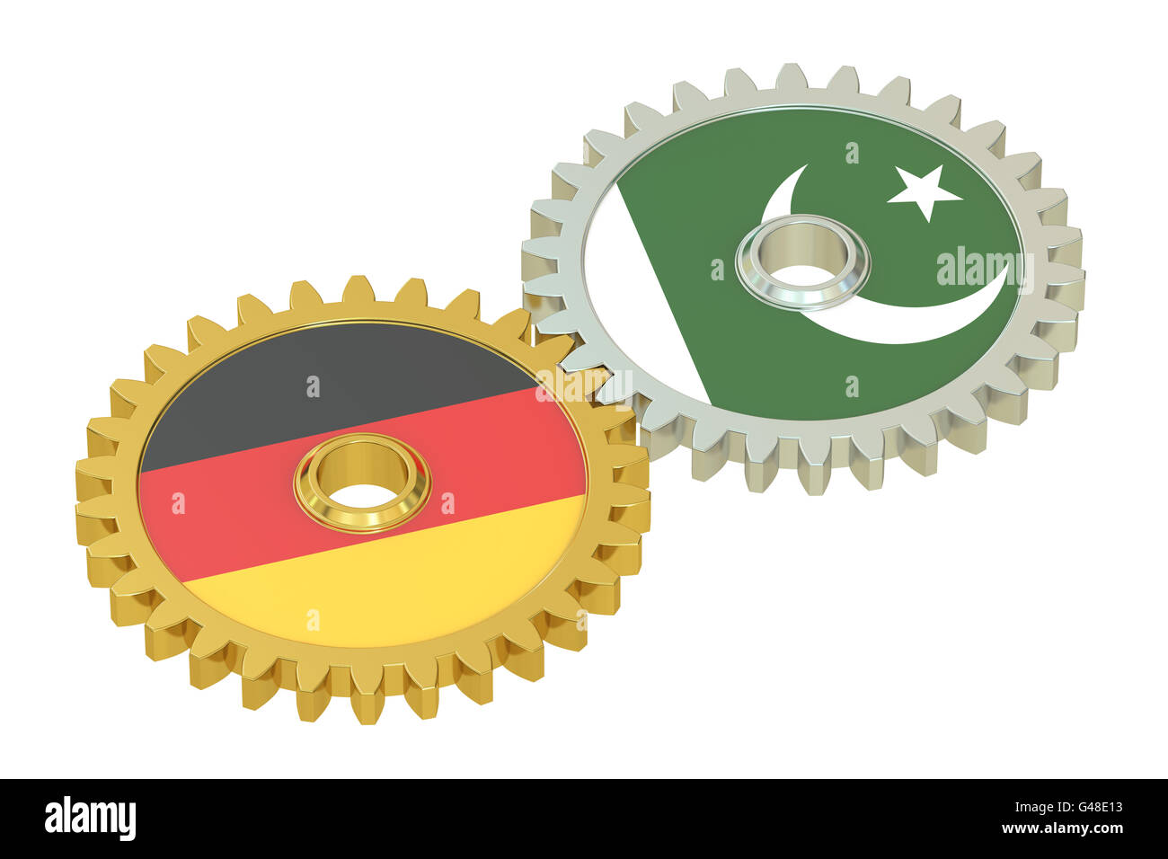 Pakistan and Germany flags on a gears, 3D rendering isolated on white ...