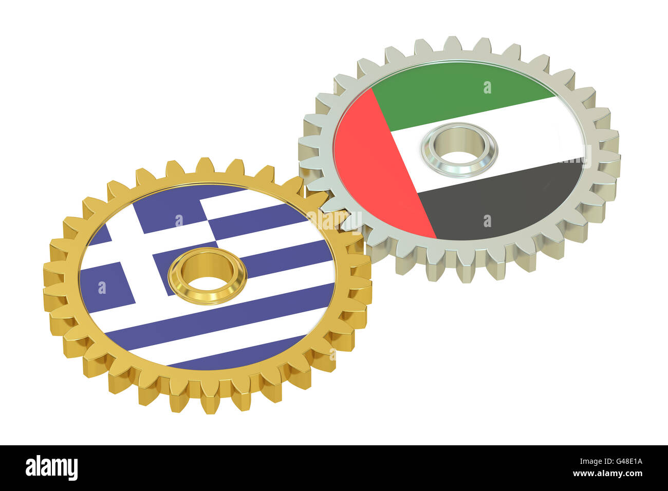 UAE and Greece flags on a gears, 3D rendering isolated on white ...
