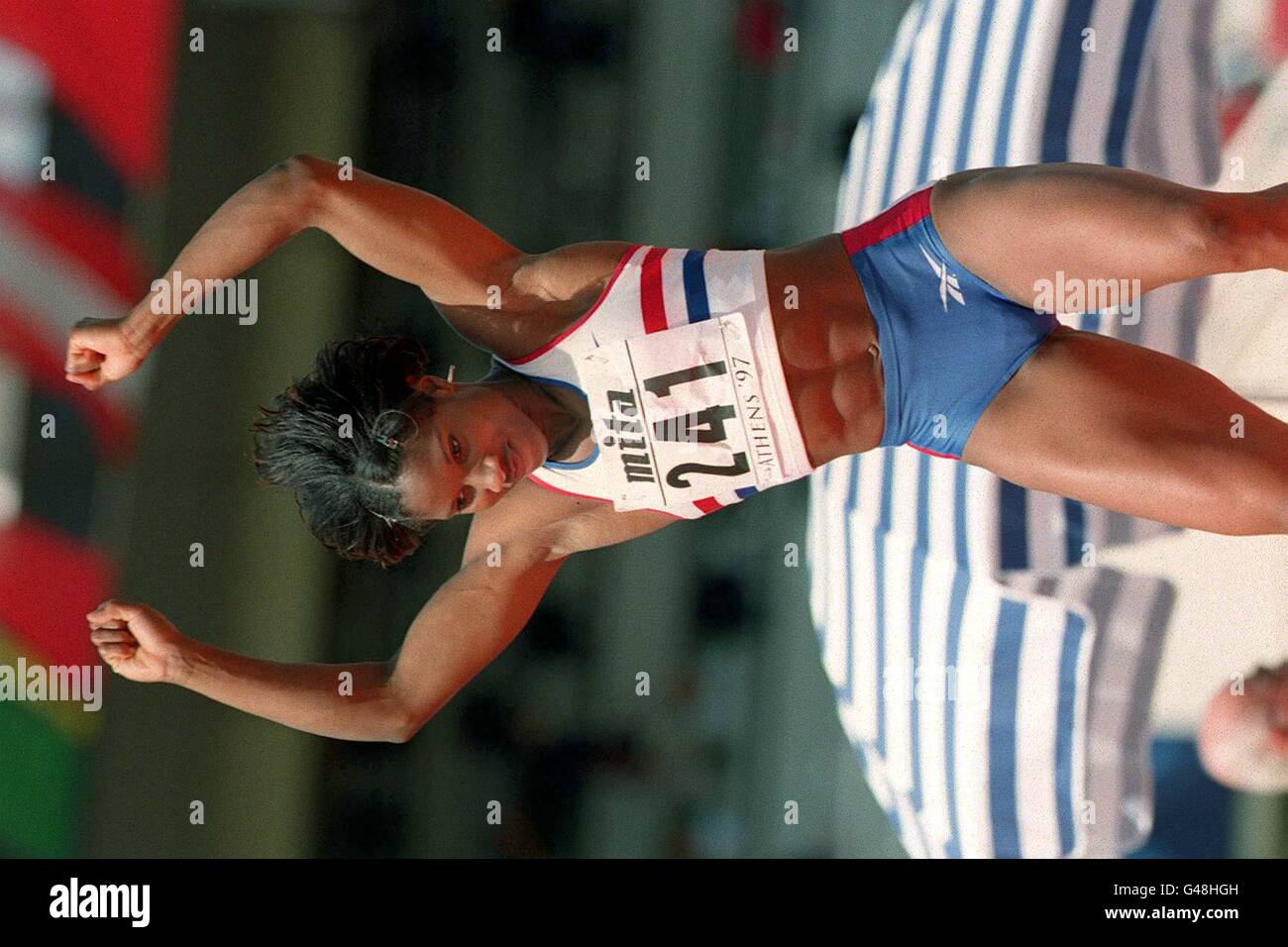 Denise Lewis celebrates a personal best in the High Jump of the ...