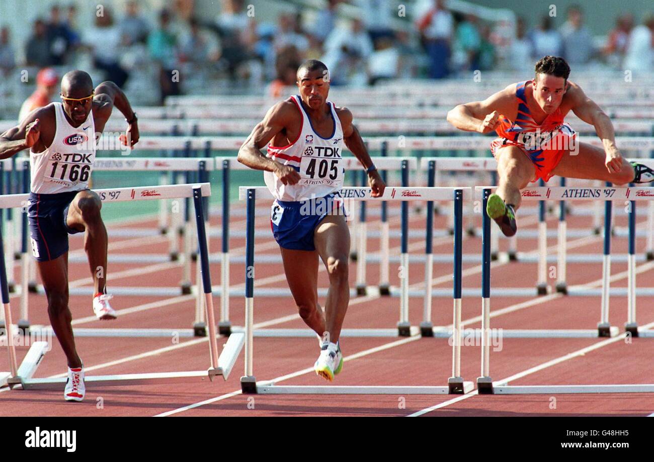Colin Jackson (centre) of Great Britain beats Olympic Champion Allen ...