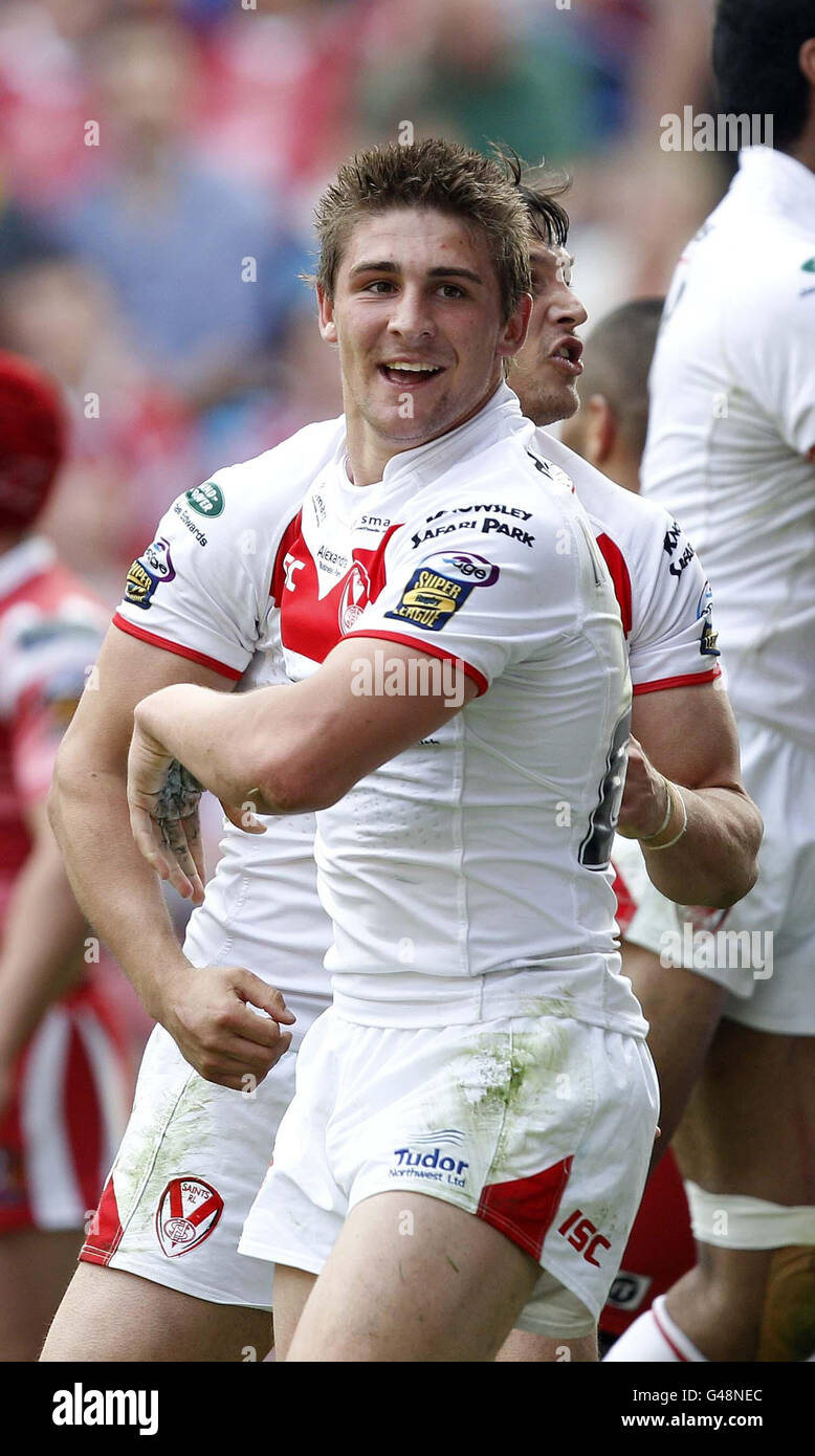 St Helens Tommy Makinson celebrates his try during the engage Super ...