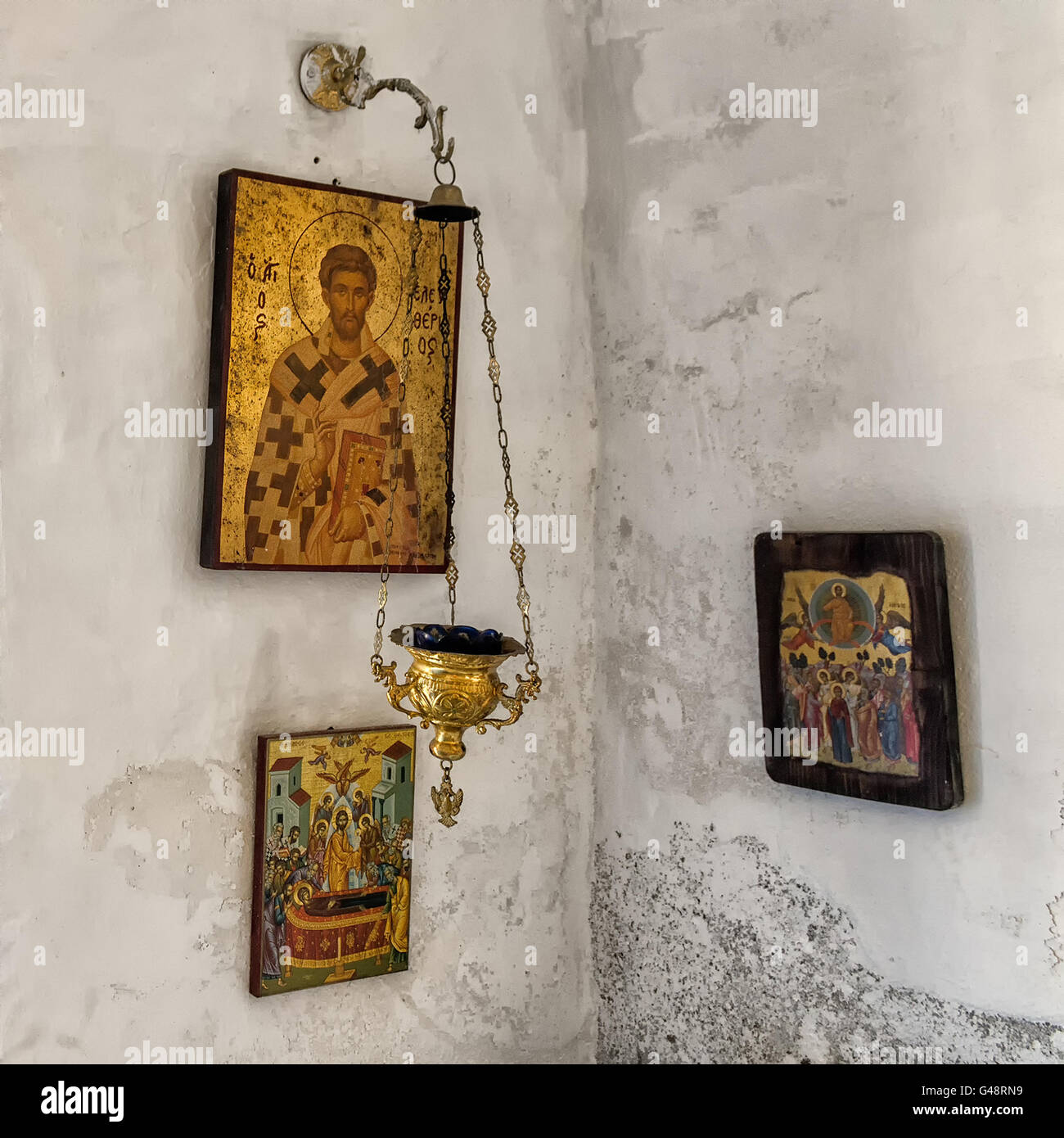 Religious icons inside a small chapel, in Dokos island, Greece Stock ...