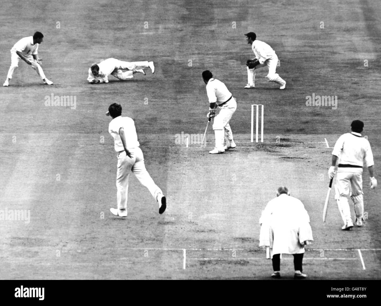 Keith Fletcher drops a catch in the slips by Barry Jarman off the ...