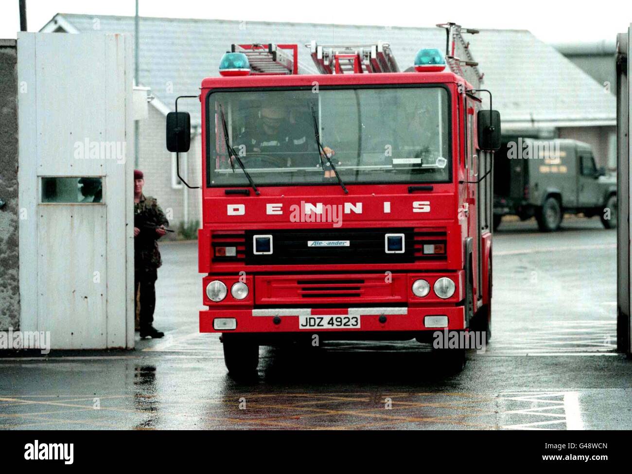 A fire engine leaves the Maze prison, West of Befast, this afternoon ...