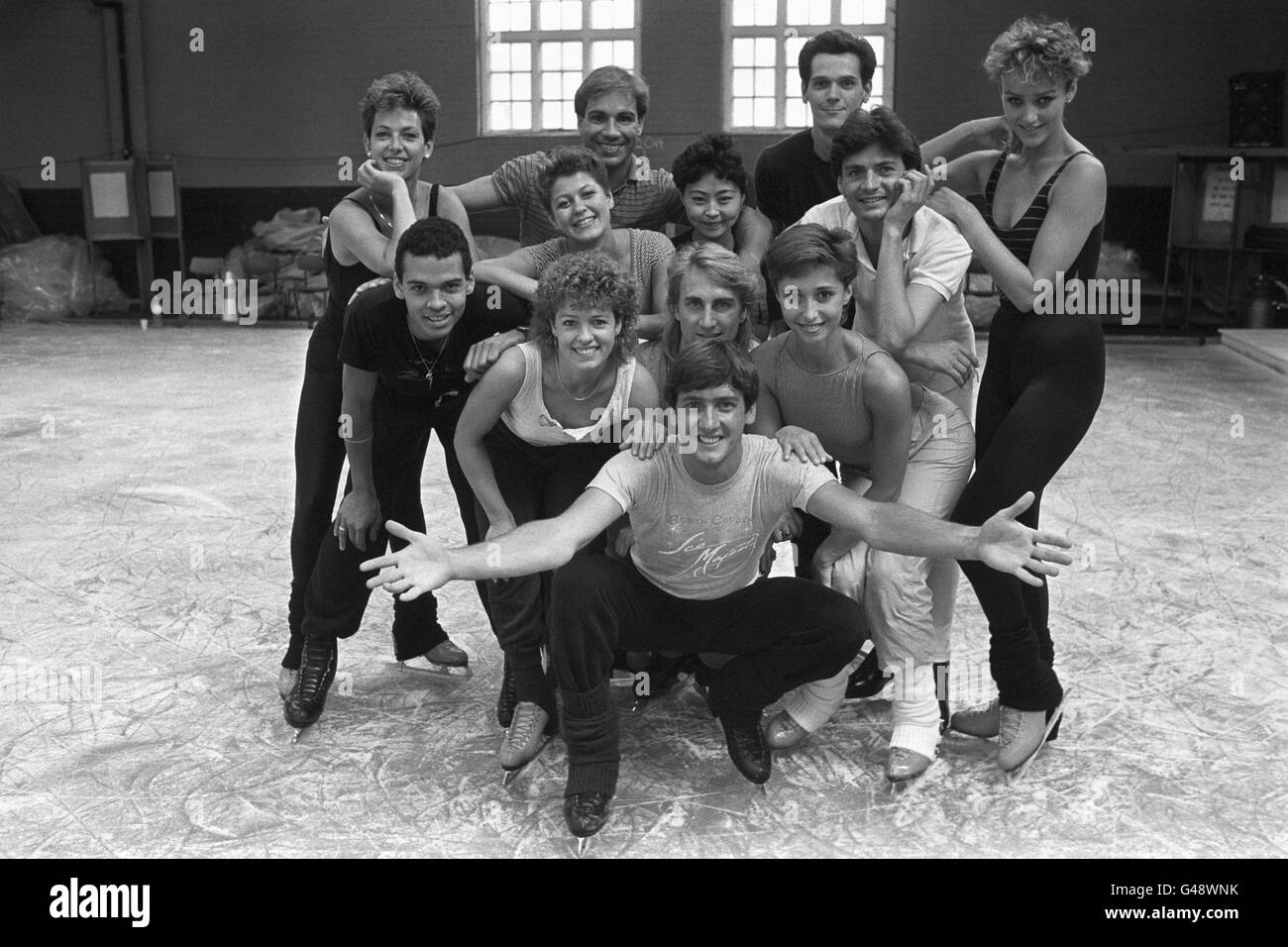 Skating star Robin Cousins (front centre) with his company at a bus ...