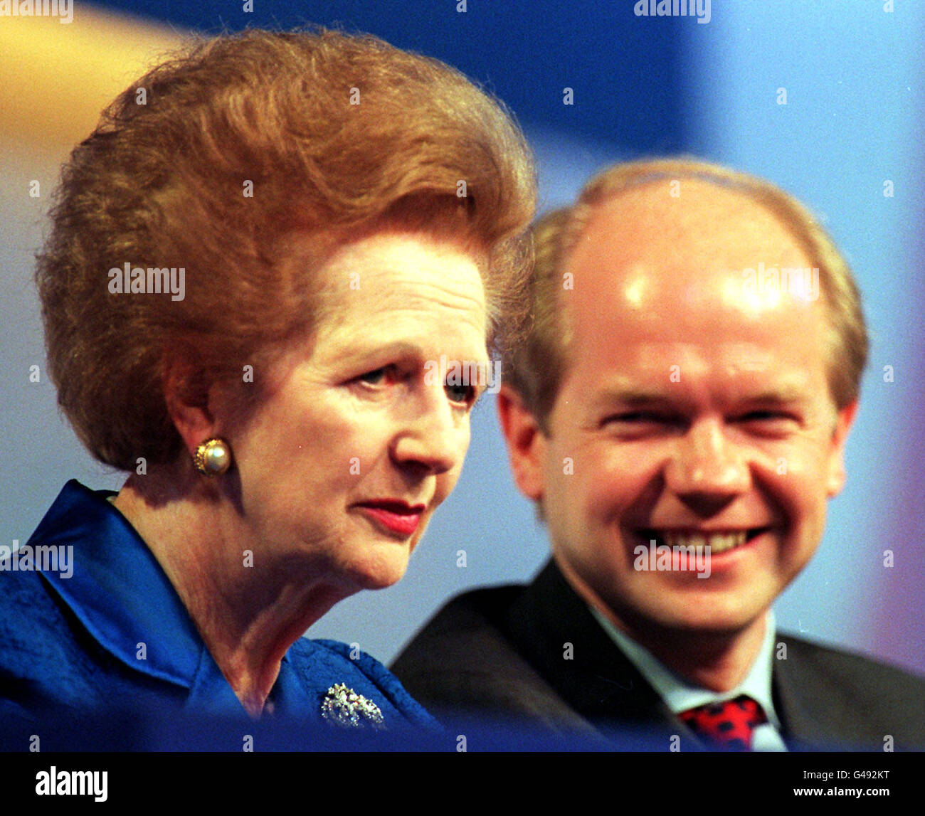 Tory Party leader William Hague smiles as former Prime Minister ...