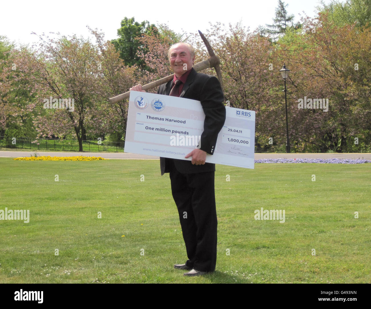 Thomas Harwood, 72, from Ferryhill, County Durham celebrates with a ...