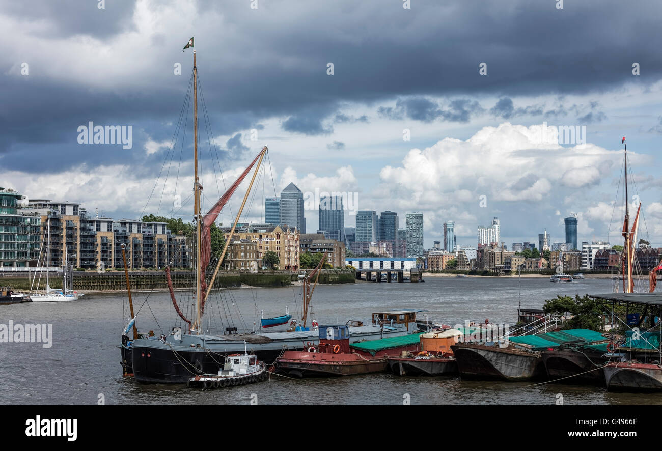 Canary Wharf in London from Rotherhithe near Tower Bridge with boats ...