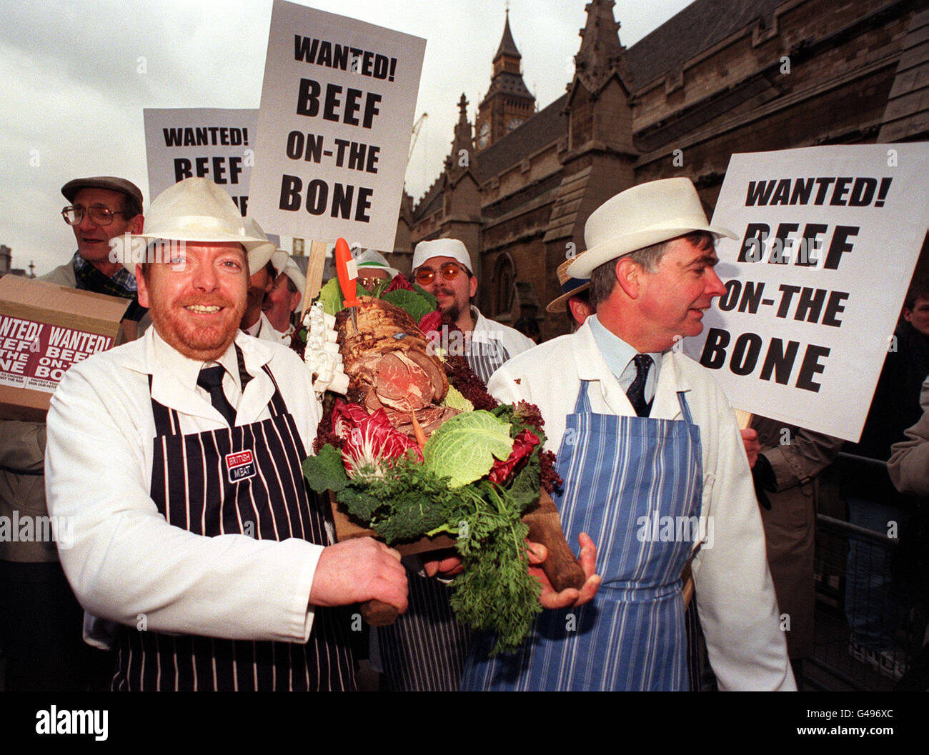 Butchers holding banners joint of fore rib beef gather in westminster ...