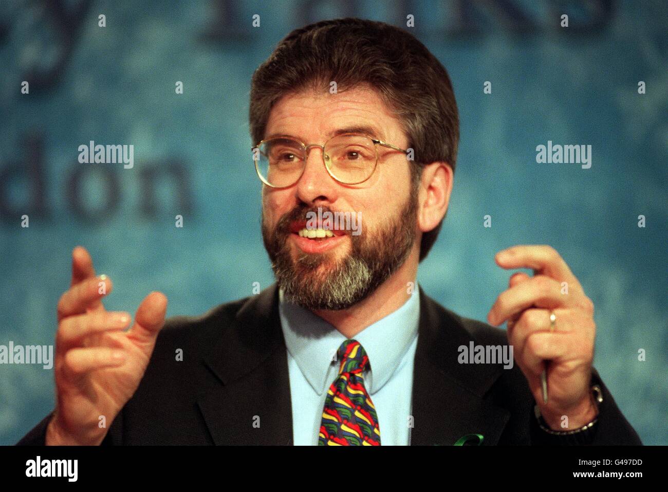 Smiling Sinn Fein president Gerry Adams attends the start of today's ...