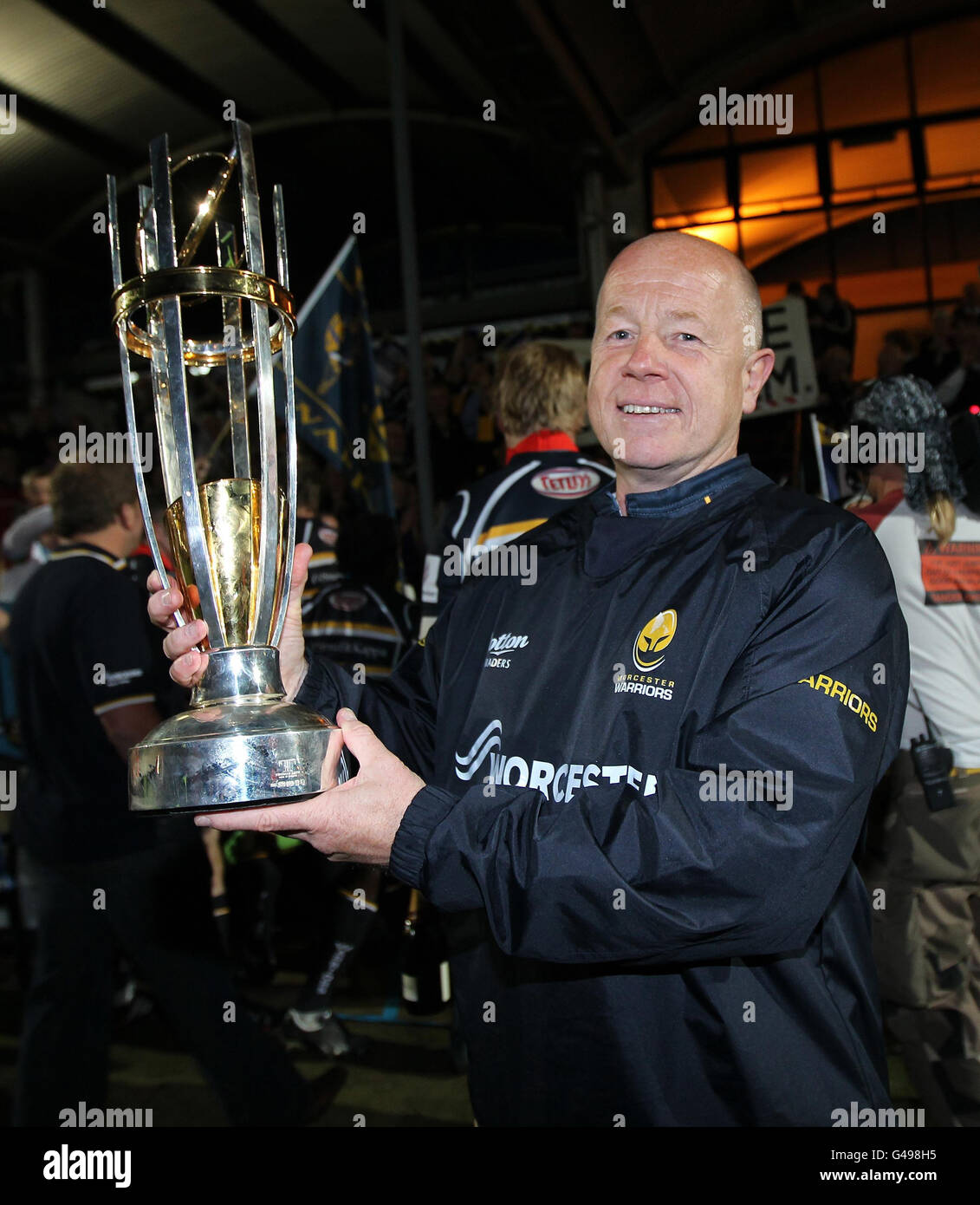 Worcester head coach Richard Hill celebrates with the trophy after ...