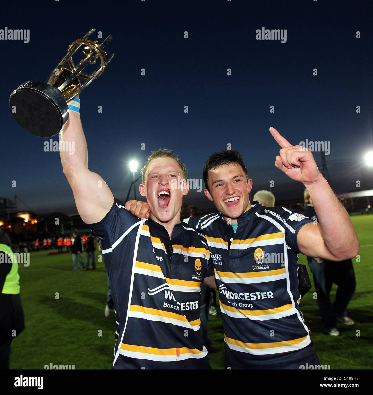 Worcester's Jake Abbott and Jonny Arr leads the celebrations with the ...