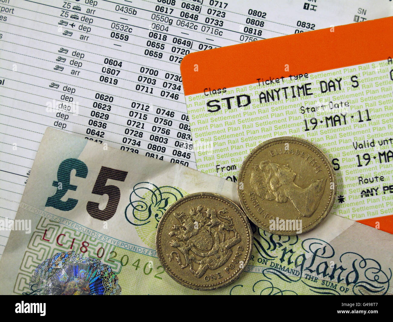 Generic picture of tickets, money and a railway timetable as a ...