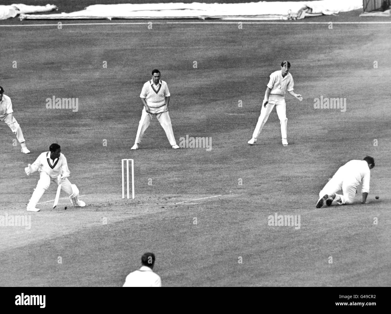 Basil Butcher turns a ball from David Brown of the MCC round to leg ...