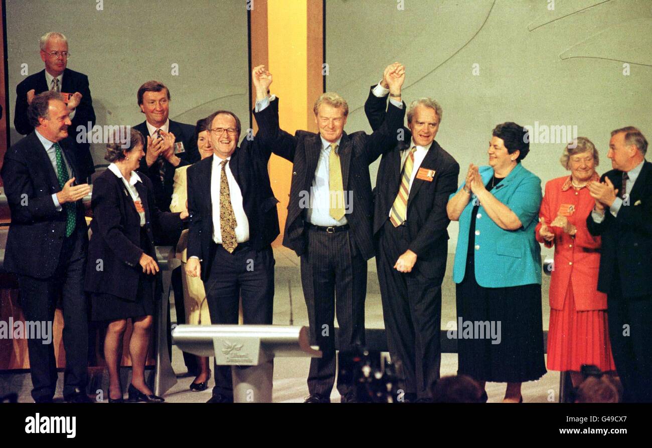 Lib Democrat leader Paddy Ashdown waves to the crowd, with Alan Beith ...