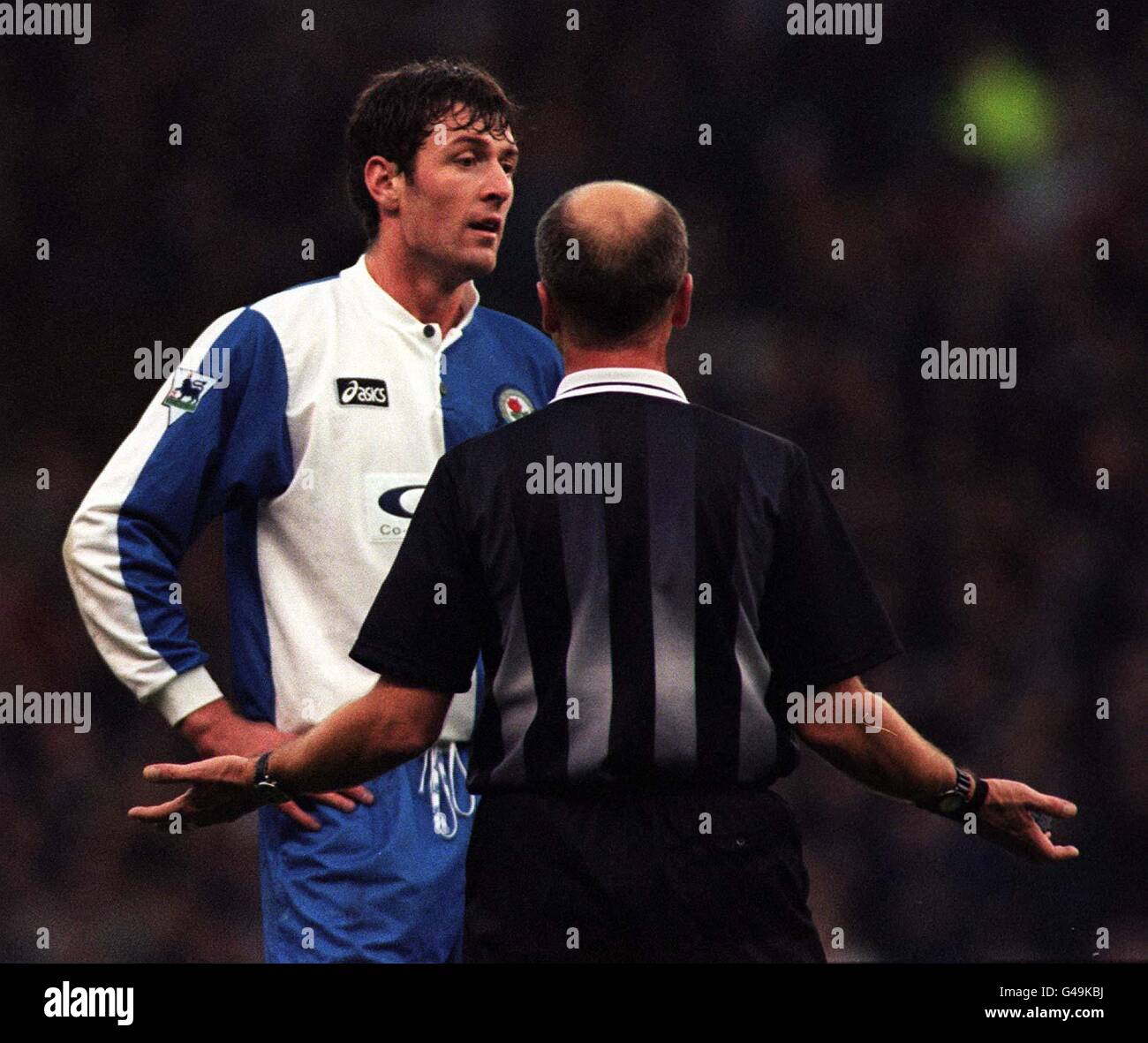 Blackburn's top goal scorer Chris Sutton is spoken to by the referee as ...