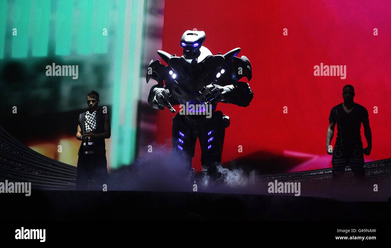 Giant robots on stage for the performance of JLS during the 2011 ...