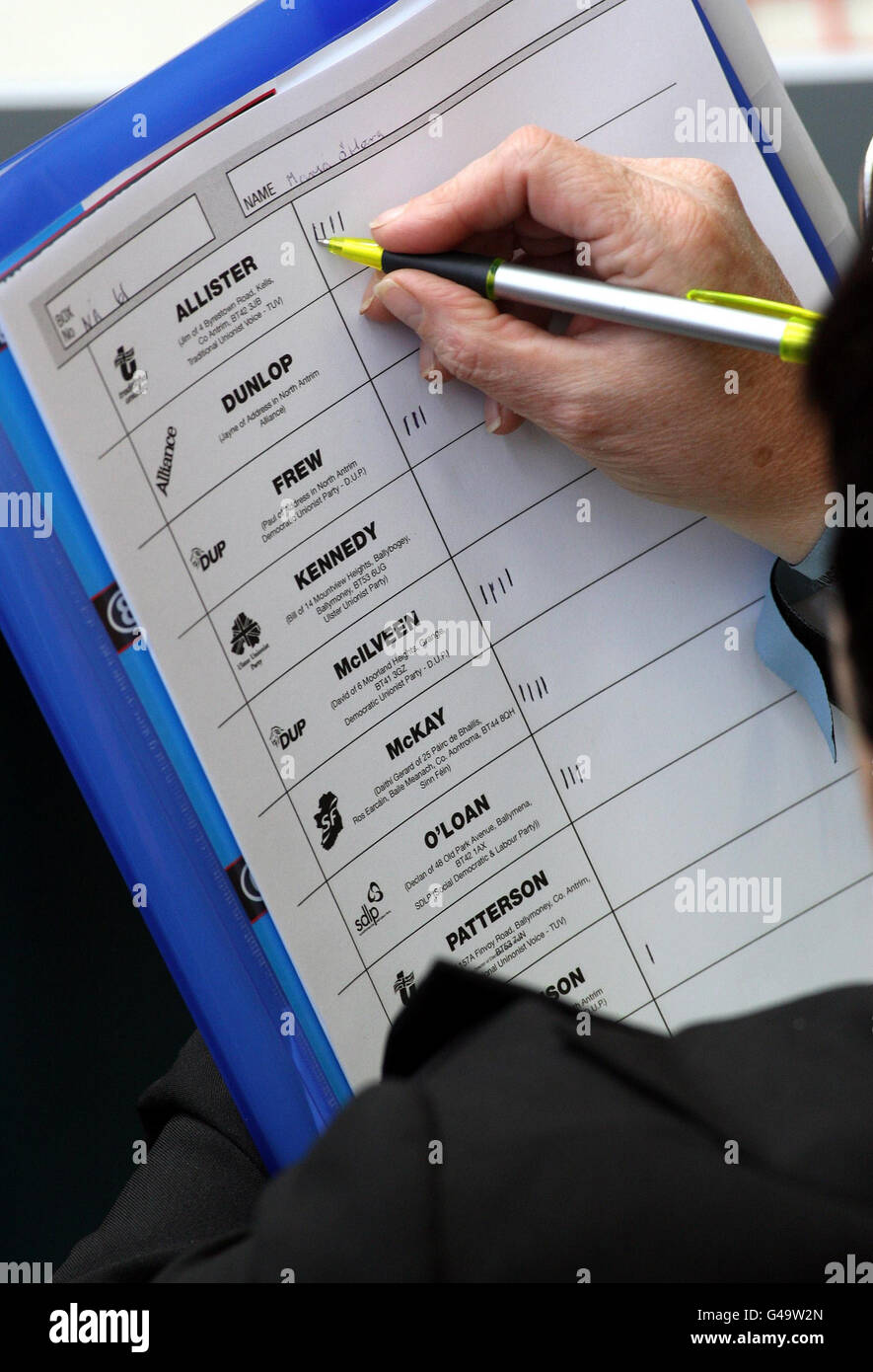 Election tellers keep track of votes cast during the vote counting in ...
