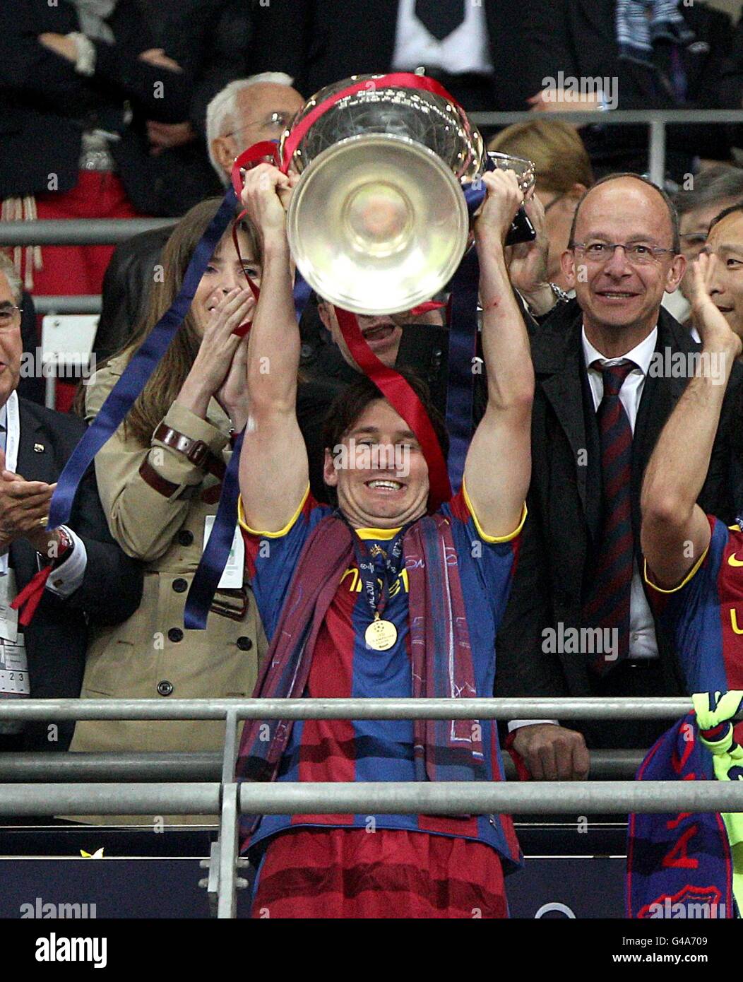 Barcelonas lionel messi with the uefa champions league trophy hi-res ...