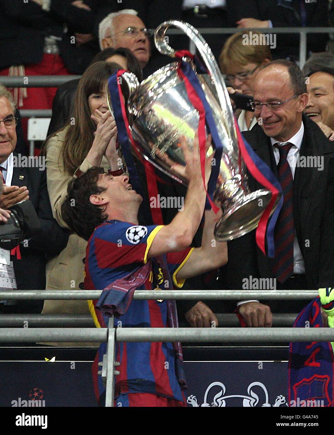 Barcelonas lionel messi with the uefa champions league trophy hi-res ...
