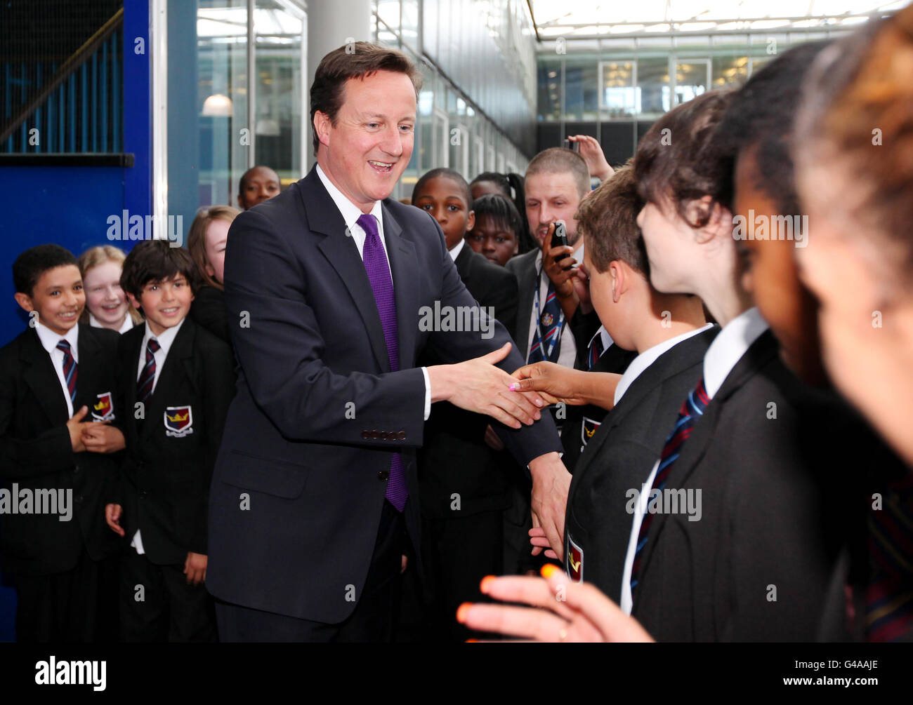 British Prime Minister David Cameron meets students at the Kingsdale ...
