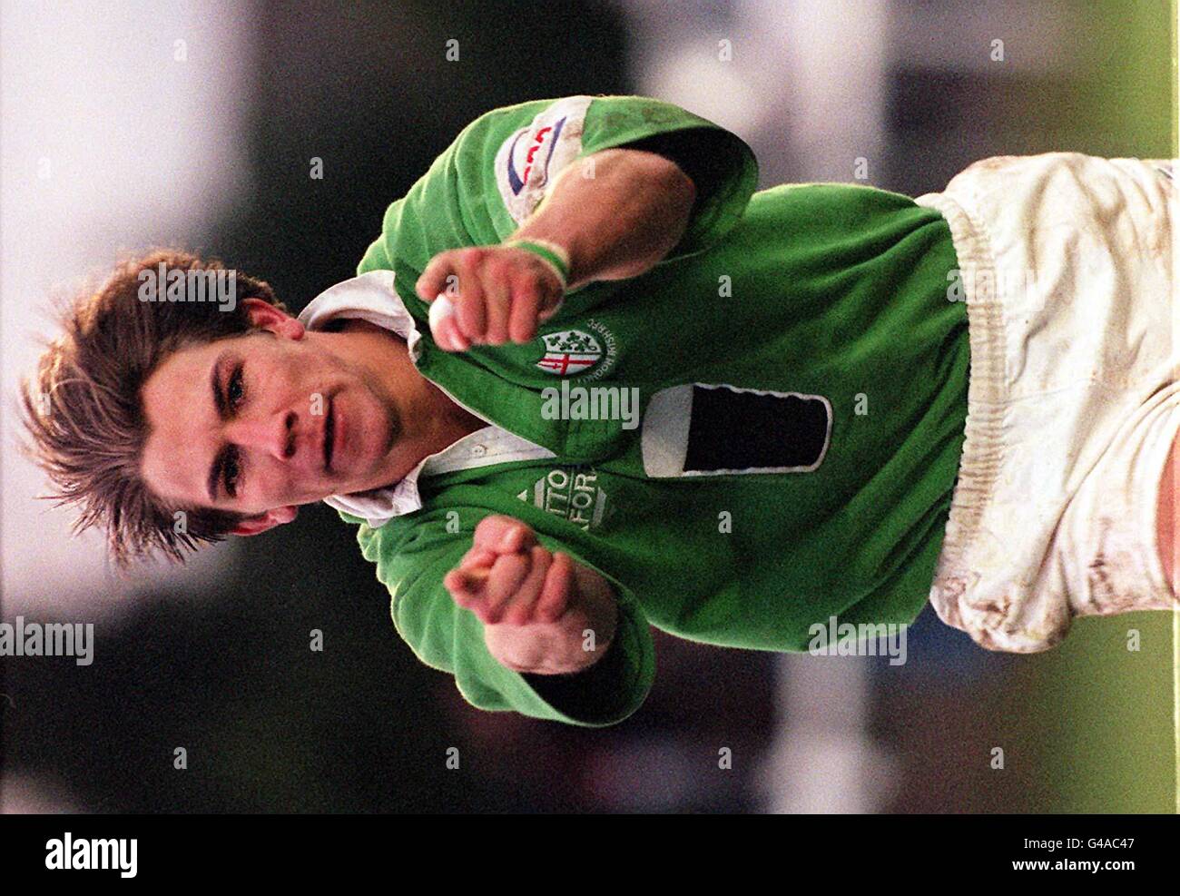 London Irish right wing Justin Bishop celebrates after scoring his try ...