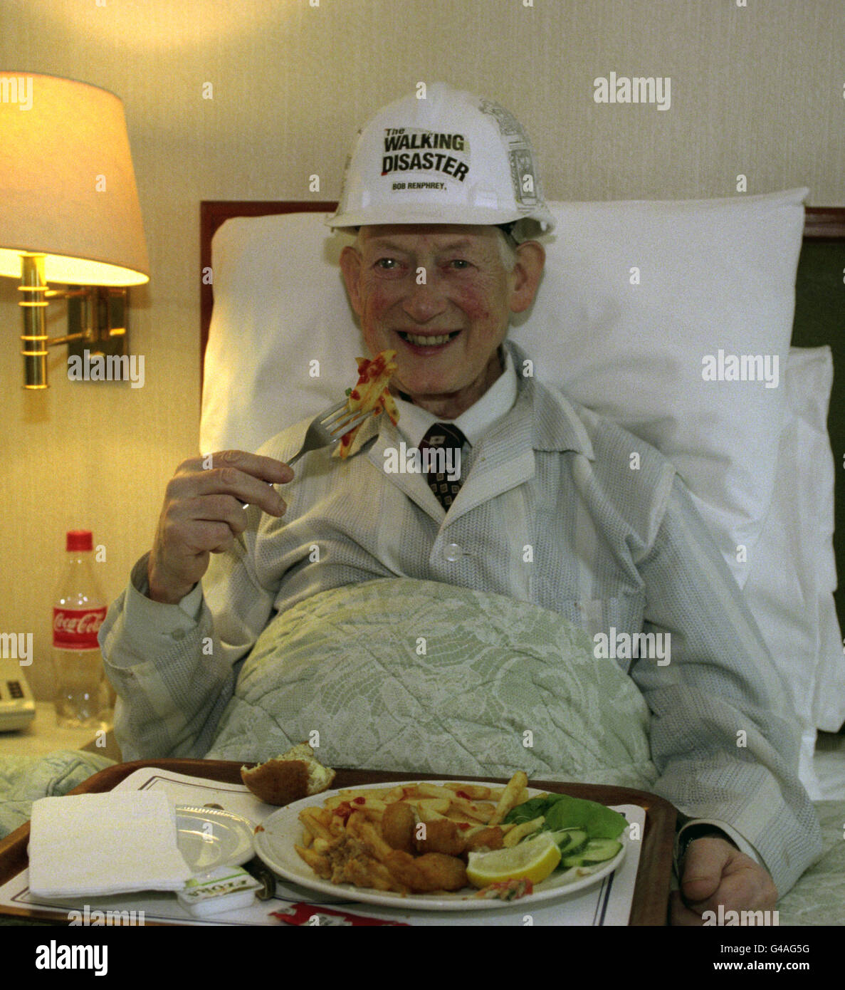 Accident-prone Robert Renphrey, of Rhyl, north Wales, tucks into lunch ...