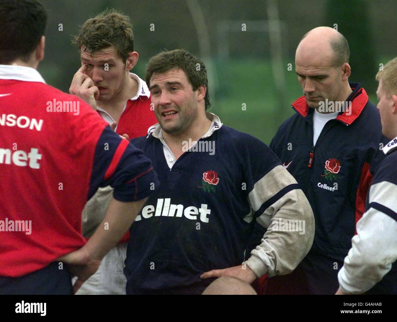 Jason Leonard, England Rugby prop talks to the forwards during training ...