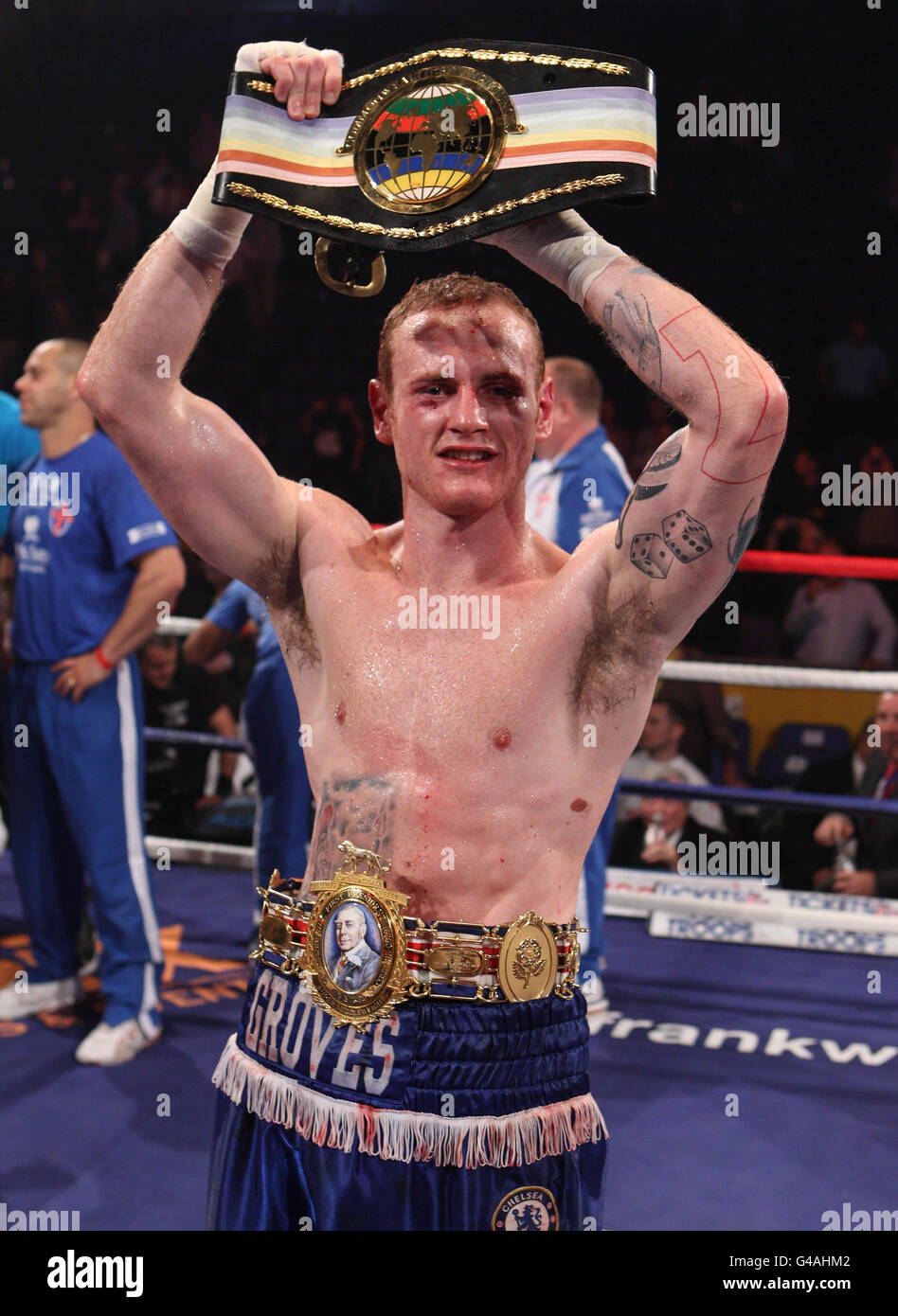 George Groves celebrates his victory over James DeGale in the British ...