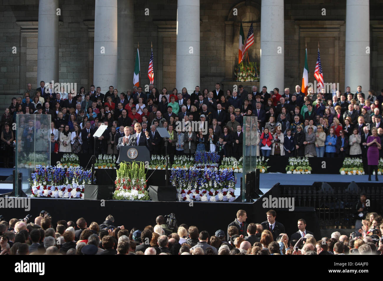 US President Barack Obama delivers his speech to the crowd in College ...