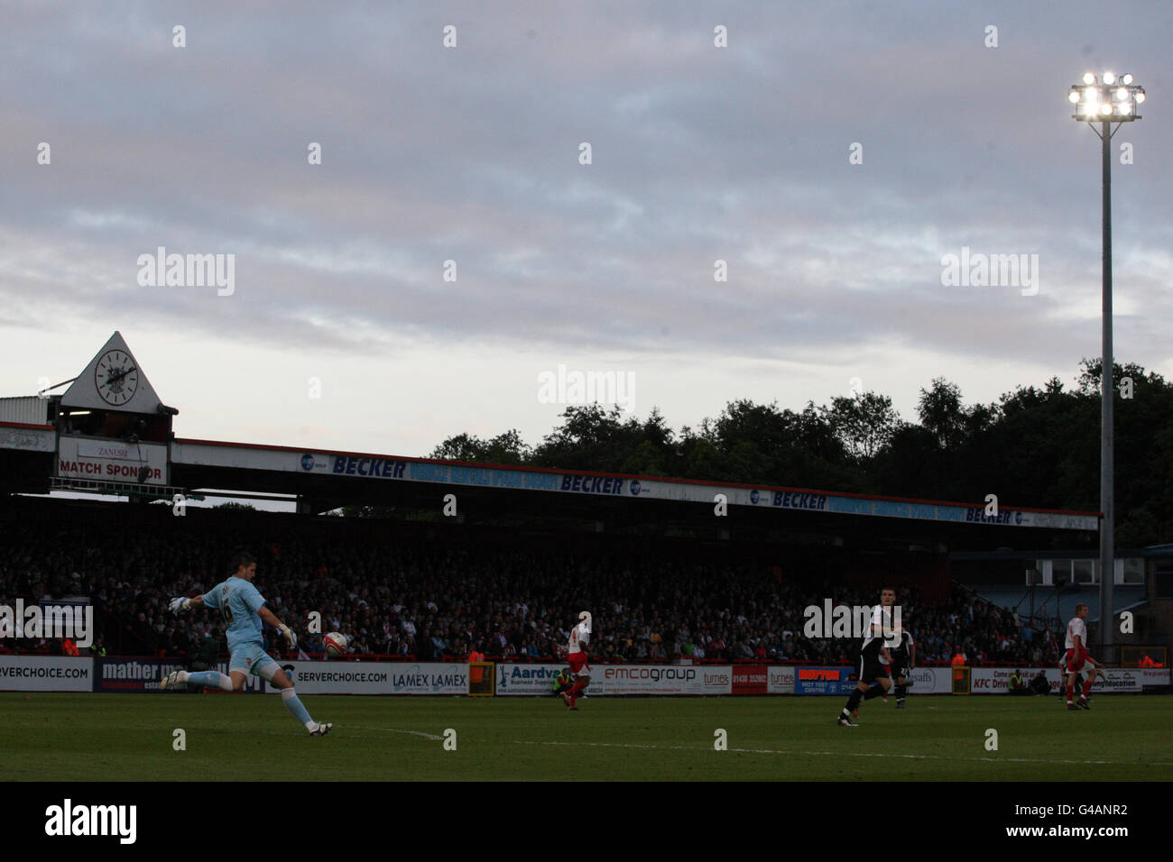Stevenage goalkeeper Chris Day clears the ball upfield during the ...