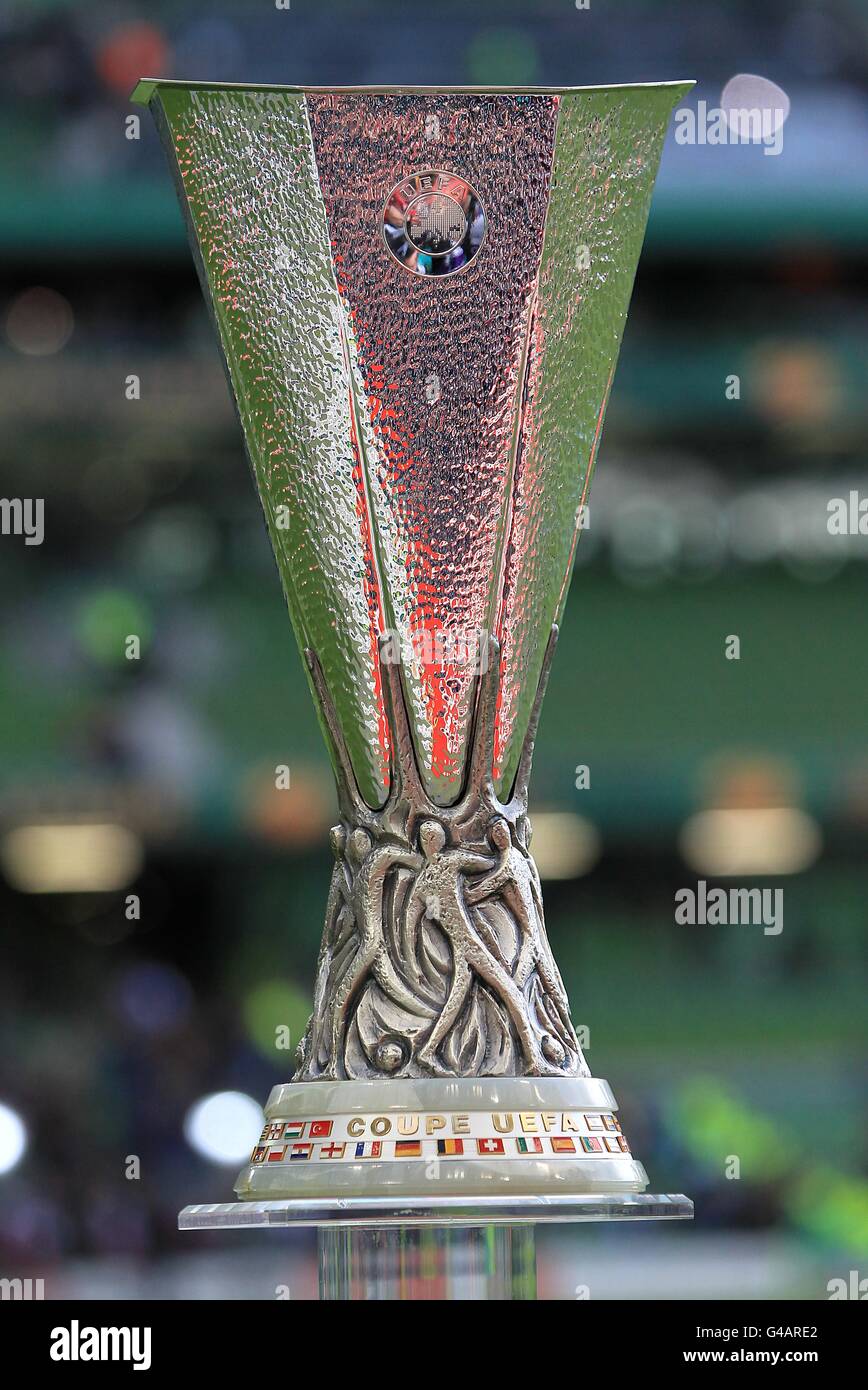 The UEFA Europa League trophy on display at the Aviva Stadium prior to ...