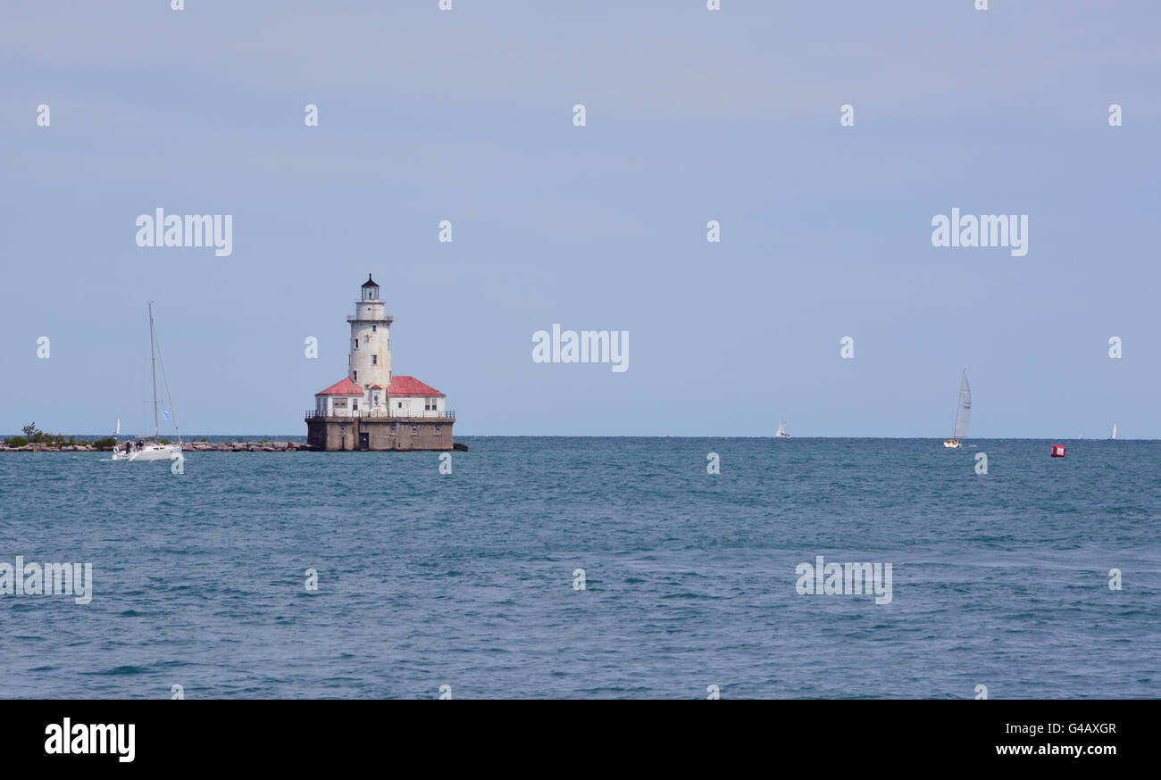 The Chicago Harbor Lighthouse off Navy Pier, constructed for the ...