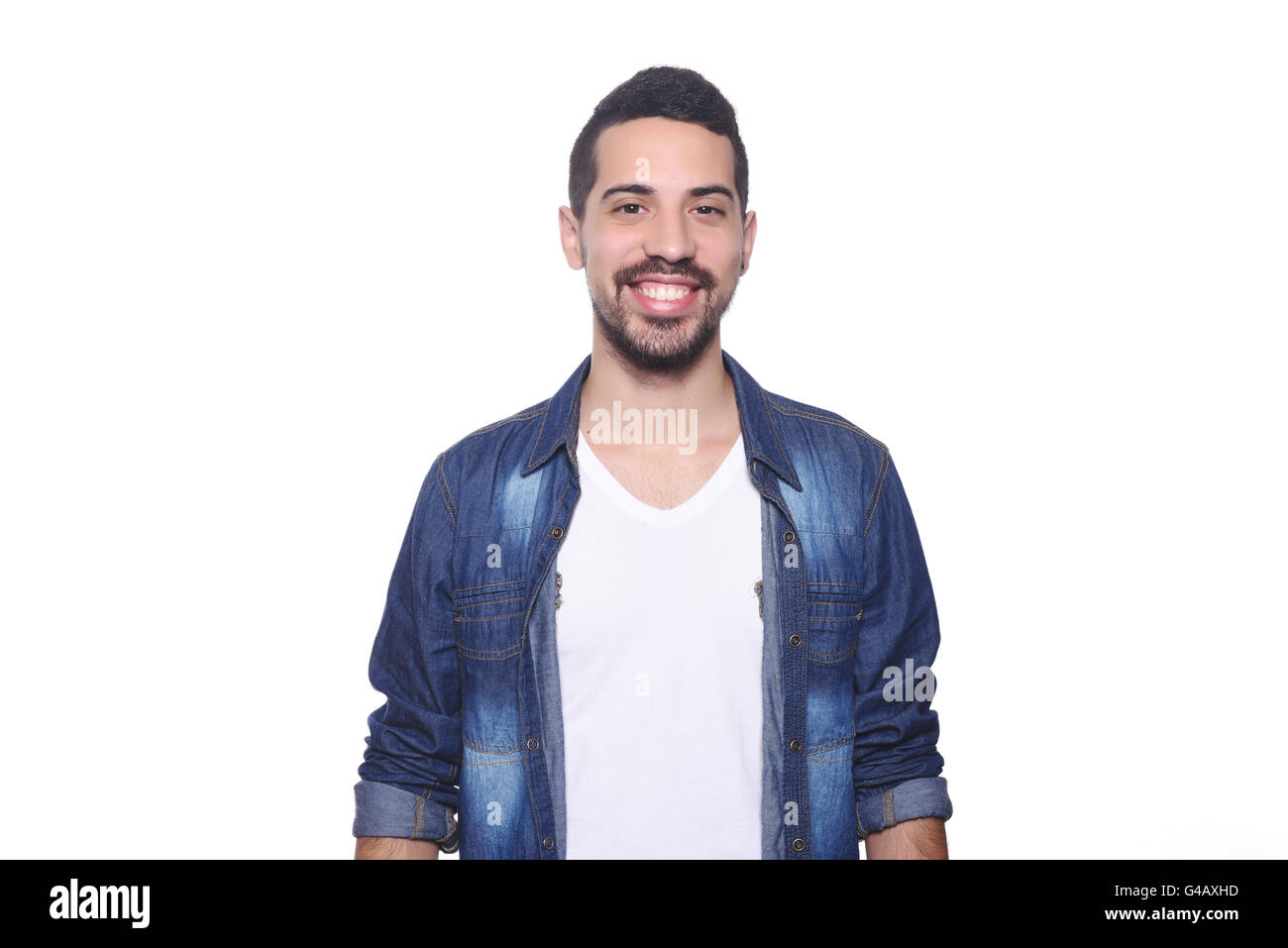 Portrait of a young latin man smiling. Isolated white background Stock ...