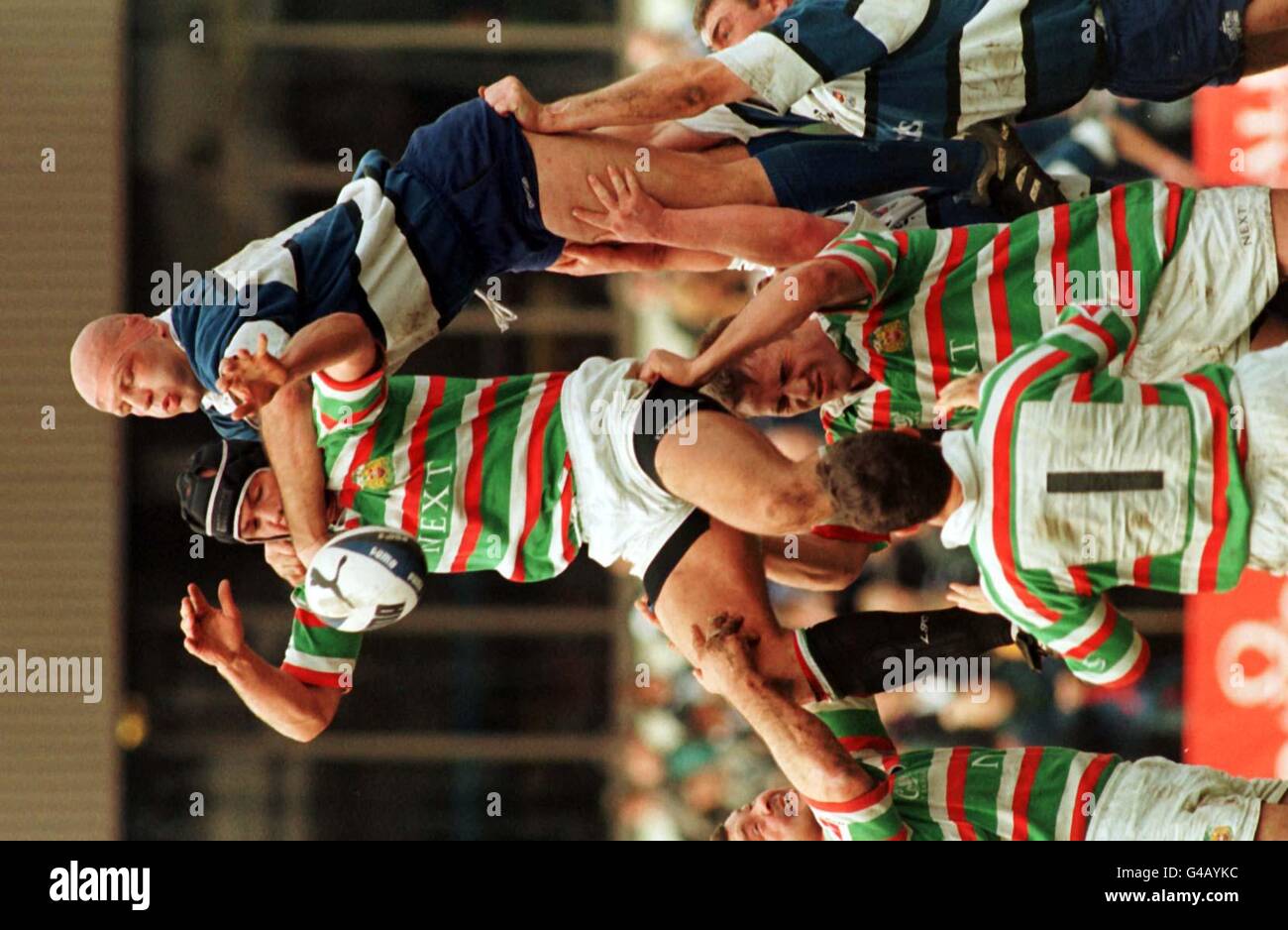 Bath's Nigel Redman gets to the top in this line out against Leicester ...