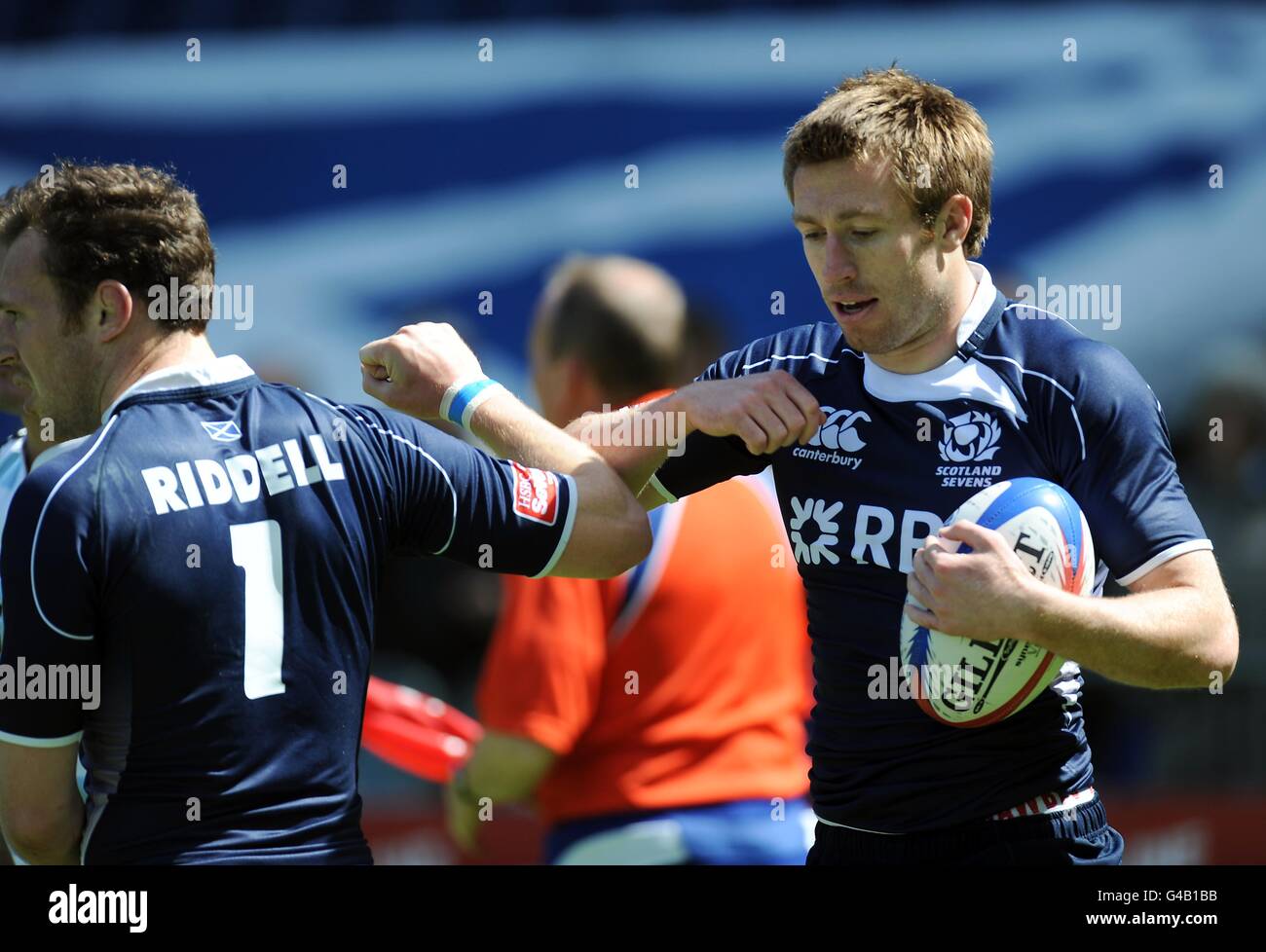 Scotland's Jim Thompson is congratulated by Scott Riddell after scoring ...