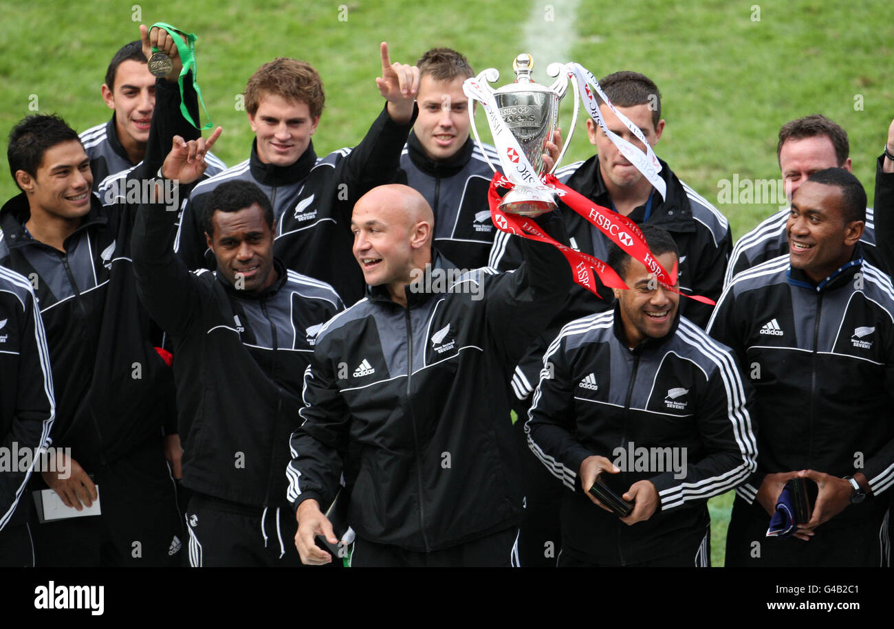 New Zealand's DJ Forbes lifts the HSBC World Series Trophy during the ...