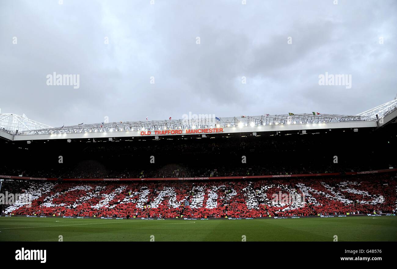 Manchester United fans form a banner in honour of their team winning ...
