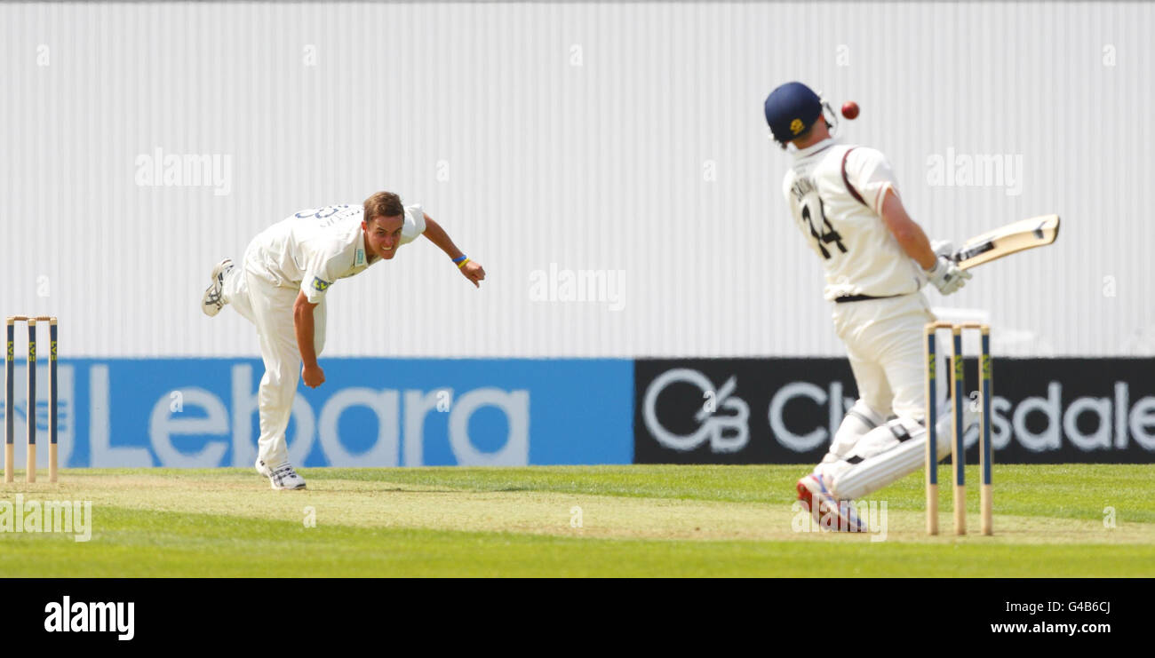 Hampshire bowler David Griffiths pitches a bouncer to Lancashire's Karl ...