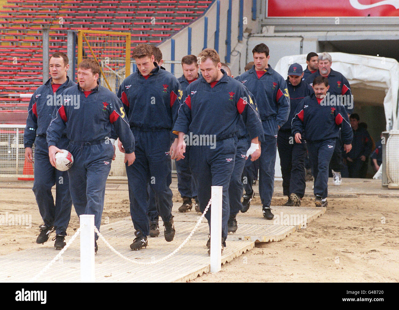 The Welsh rugby squad walk out at Wembley Stadium today (Thursday), in ...
